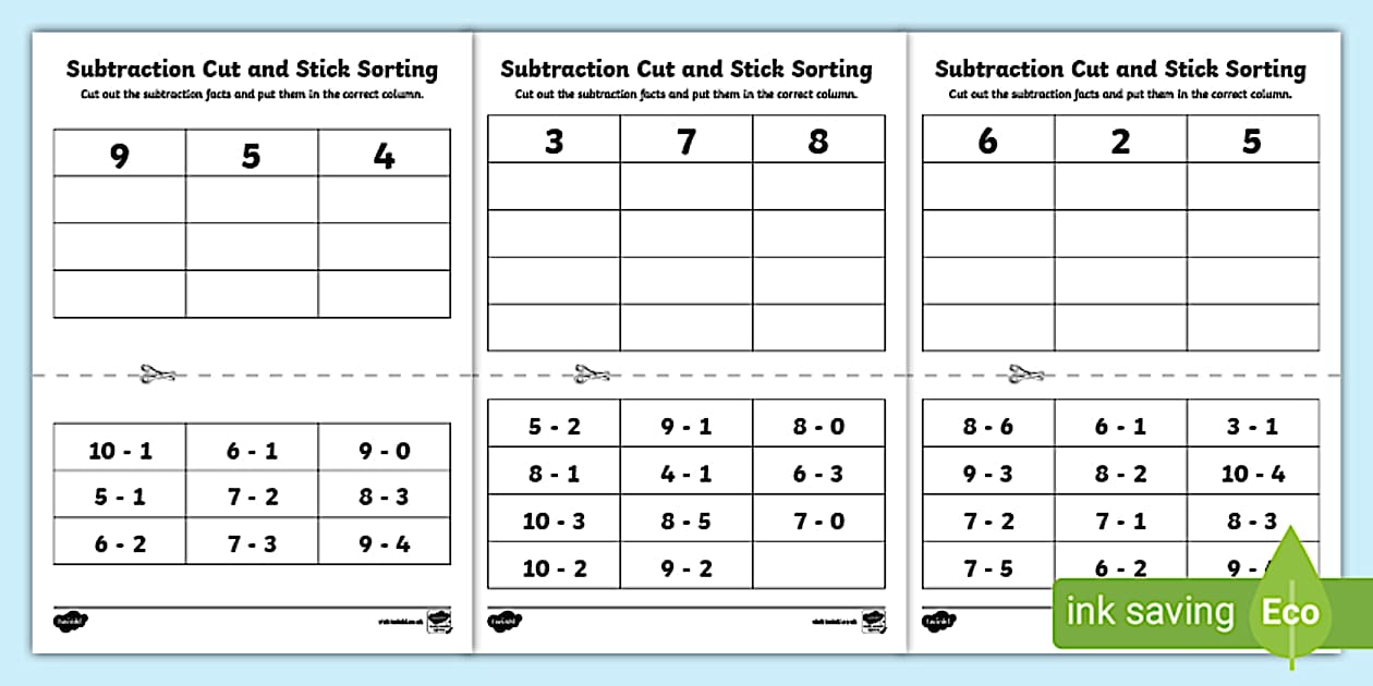 Editable Subtraction Facts within 10 Cut and Stick - Twinkl