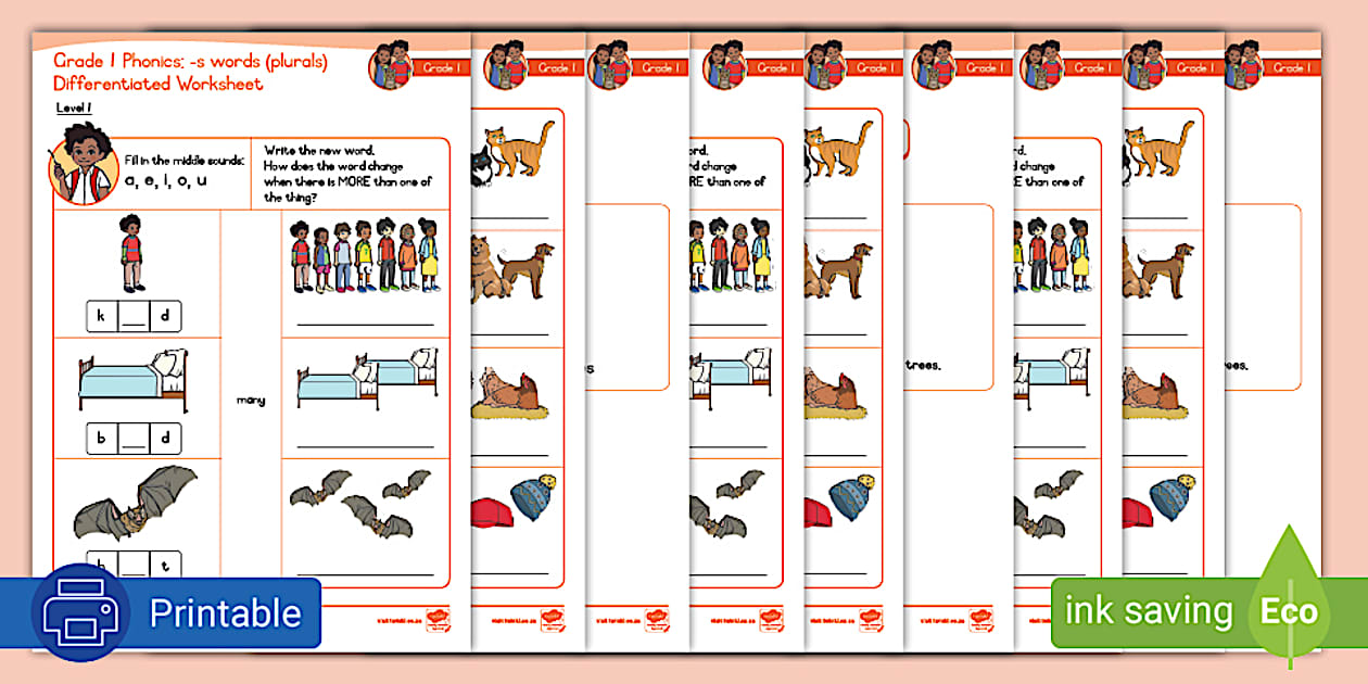 Grade 1 Phonics: -s words (plurals) differentiated worksheets