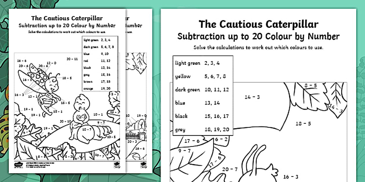 The Cautious Caterpillar Subtraction up to 20 Colour by Number
