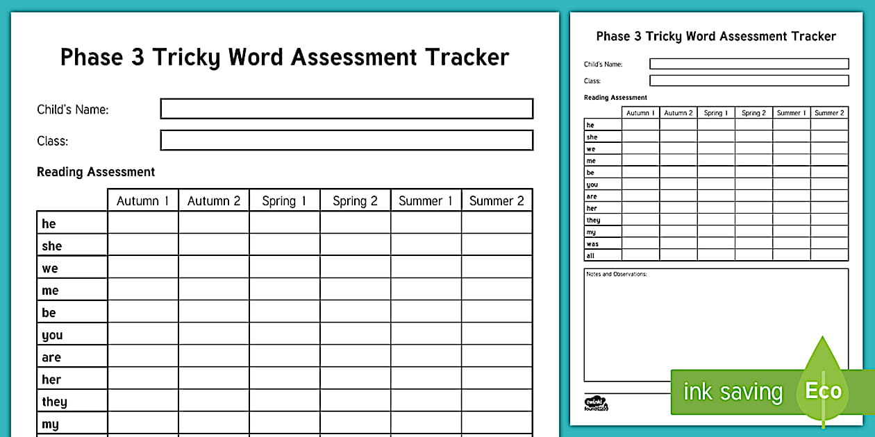 Phase 3 Tricky Word Individual Child Assessment Tracker