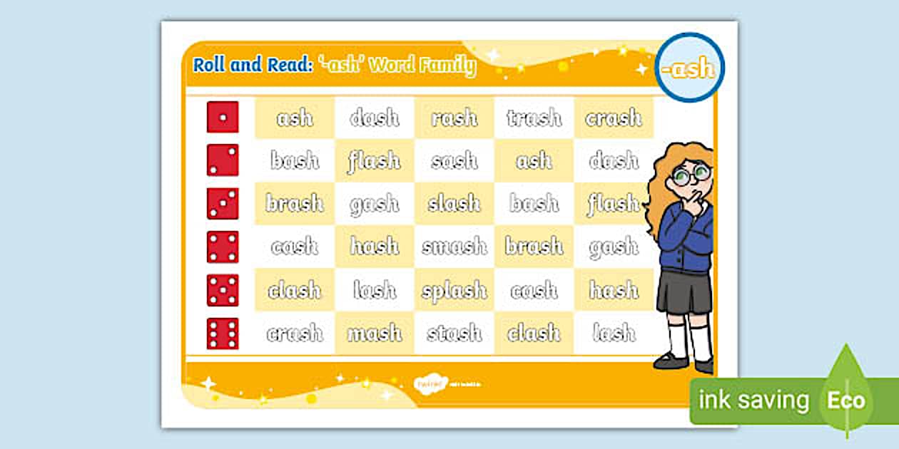 Roll and Read Word Family '-ash' Board Game
