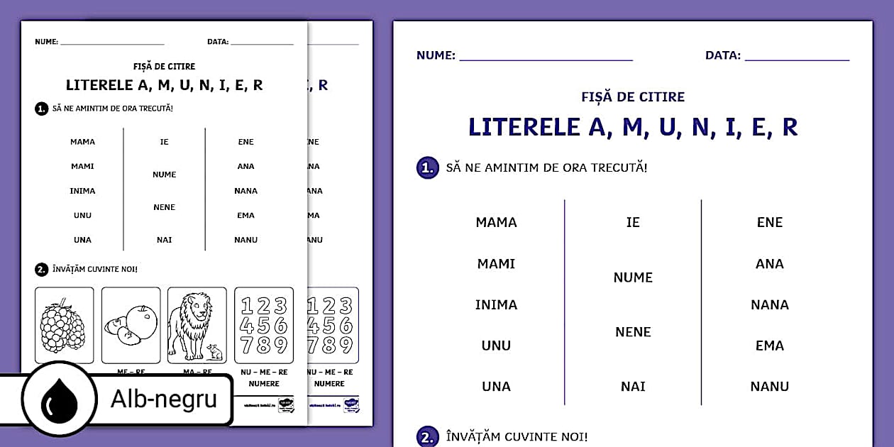Cuvinte cu literele a m u n i e r - fișe de citire Twinkl RO