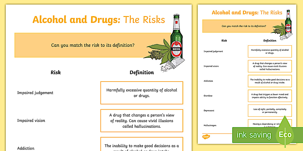 Alcohol and Drug Education Worksheet - Health and Wellbeing
