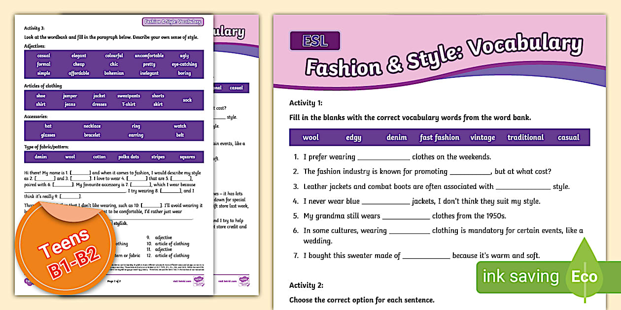 ESL Fashion & Style: Worksheet [Teens, B1 - B2] - Twinkl
