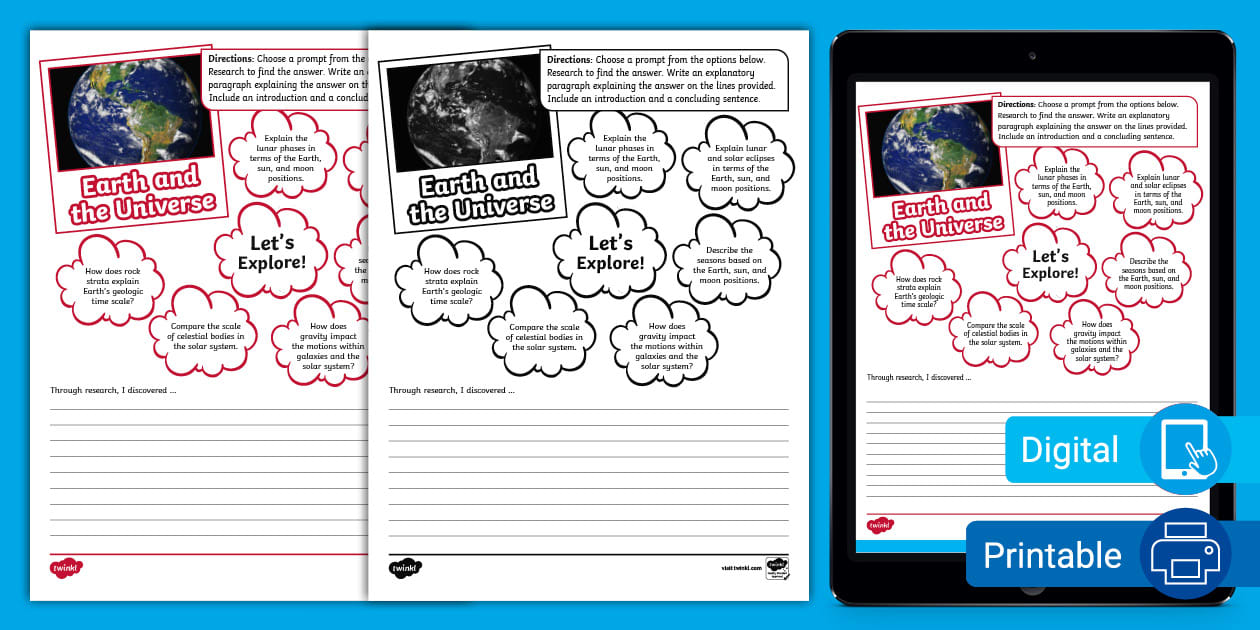 Earth and the Universe Research Writing Worksheet for 6th-8th
