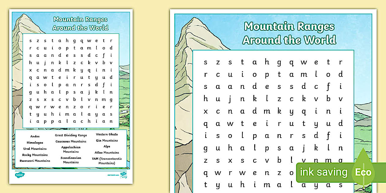 KS2 Mountain Ranges Around the World Word Search - Twinkl