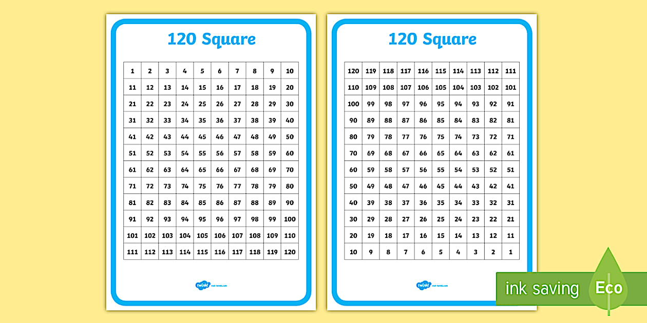 Black and White 1-120 Number Square Backwards and Forwards