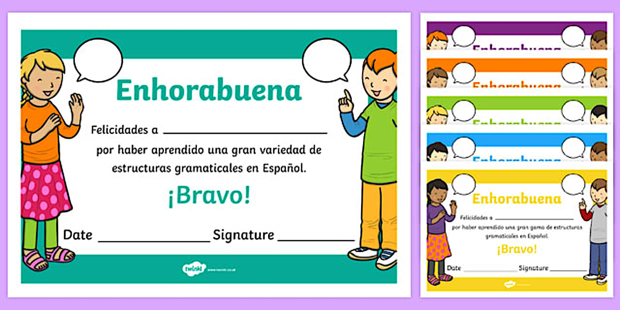 Editable Spanish End of Year Grammar Award Certificate Spanish / Español