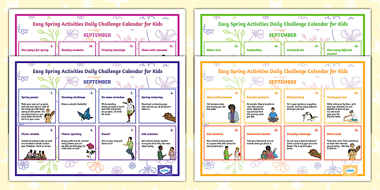 For Parents - Easy Spring Daily Challenge Calendar for Kids - To do at Home