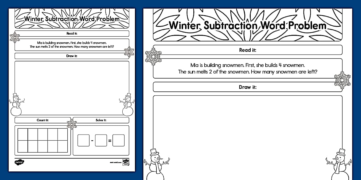 Kindergarten Winter Subtraction Word Problem Worksheet
