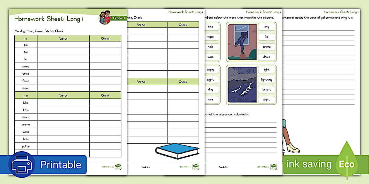 Grade 3 Phonics: Long i: Homework Sheet (teacher made)