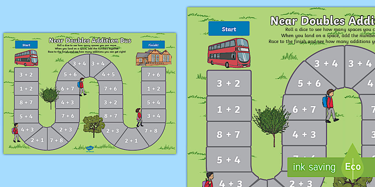 Editable Near Doubles Addition Bus Board Game - Twinkl