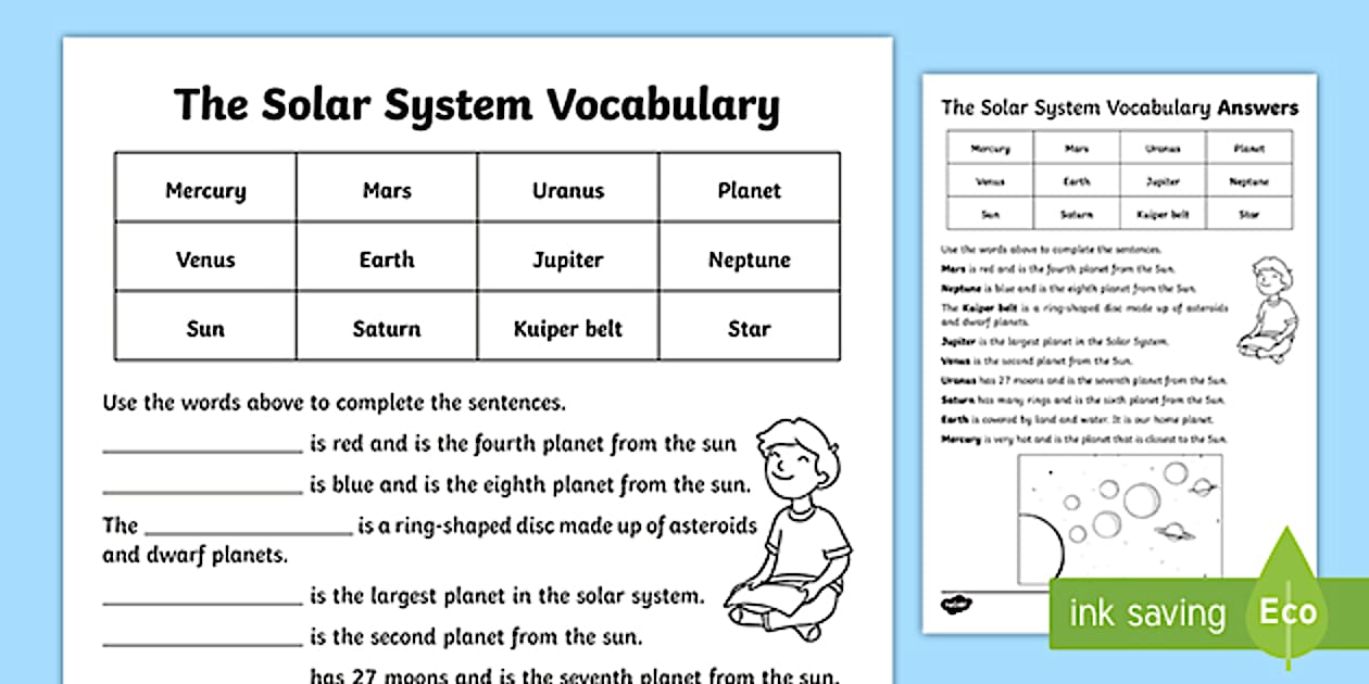 Solar System Vocabulary Worksheet - Science Vocab - Twinkl