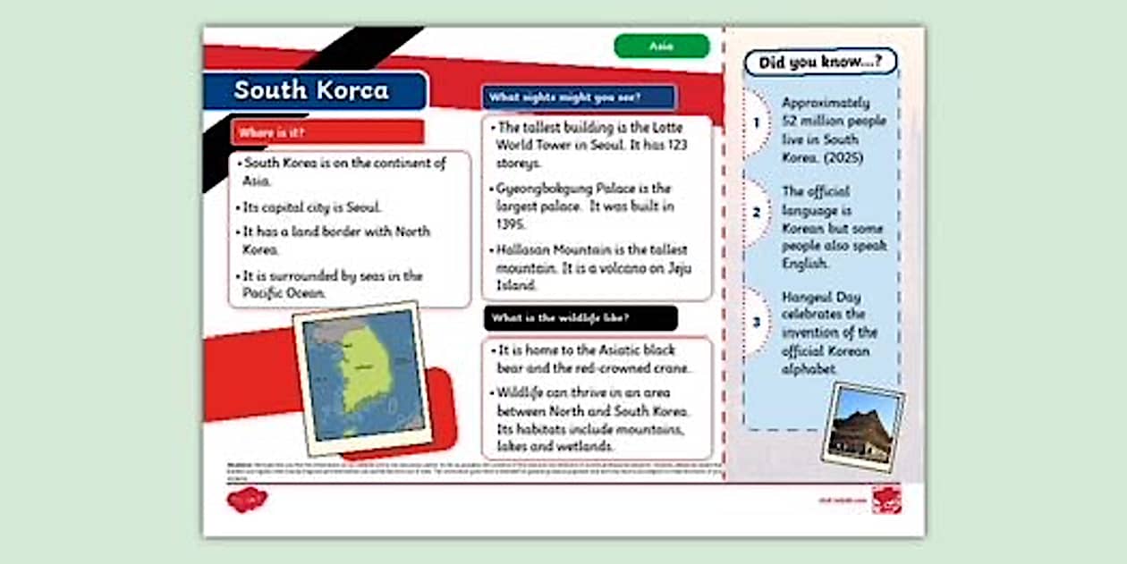 KS1 South Korea Fact File (teacher made) - Twinkl