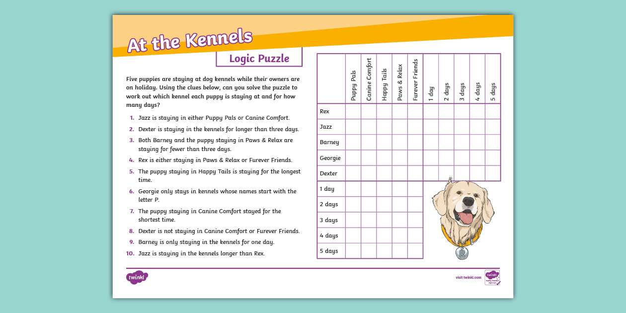 Fast Finishers At the Kennels Logic Puzzle - Twinkl