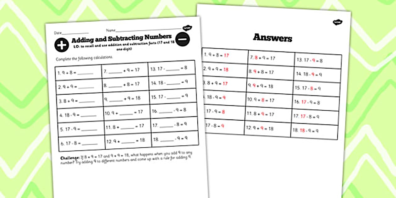 Number Facts to 17 and 18 Worksheet (teacher made) - Twinkl
