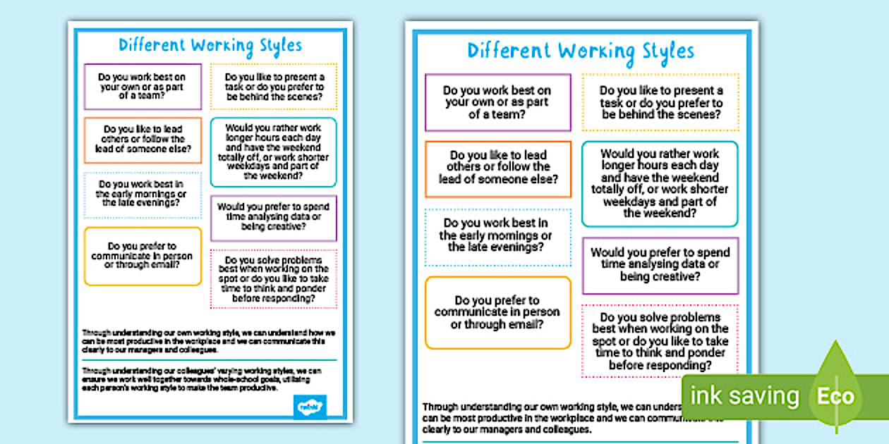Staff Wellbeing Different Working Styles Display Poster Staff Wellbeing Different Working Styles Display Poster