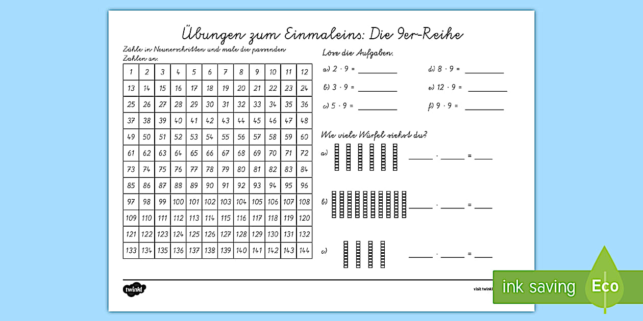 Übungen zum Einmaleins: Die 9er Reihe Arbeitsblatt - Twinkl