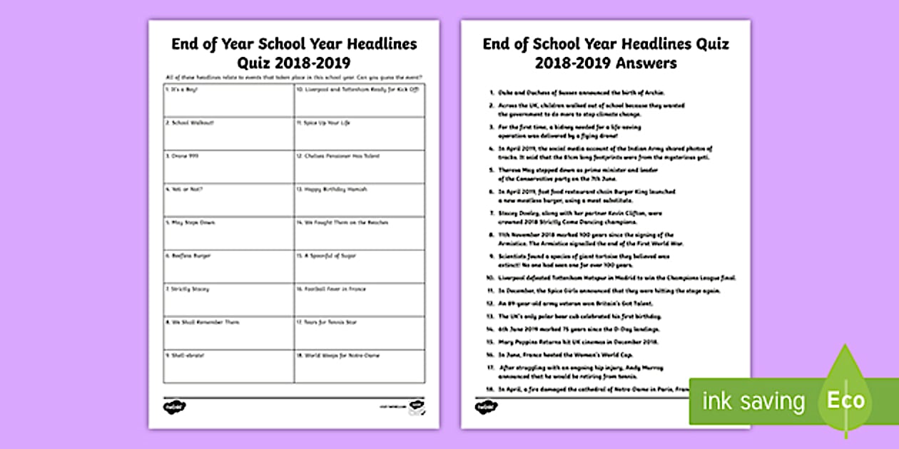 Pop Quiz 2019 – End of Year Headlines – Educational Resource