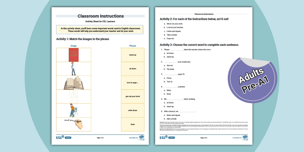 ESL Classroom Instructions Activity Sheet [Adults, Pre-A1]