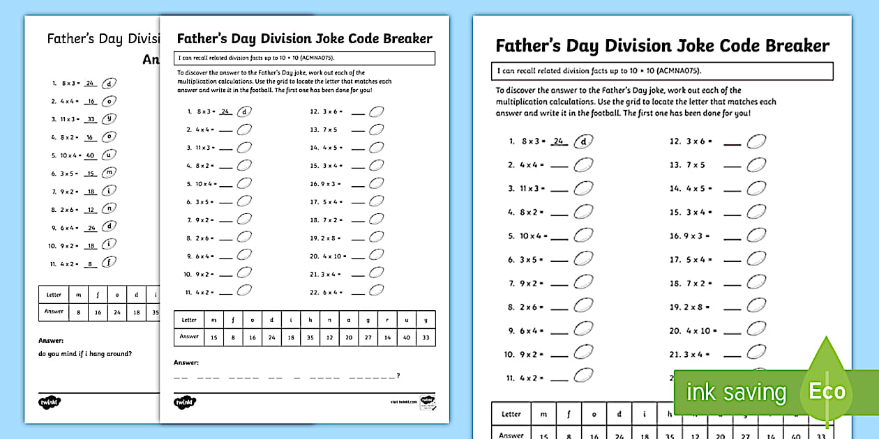 Father's Day Multiplication Joke Code Breaker Worksheet