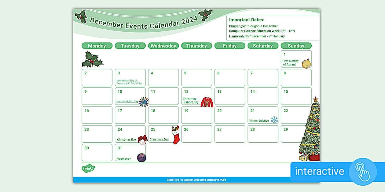 Interactive PDF: Free December Events First Level Calendar