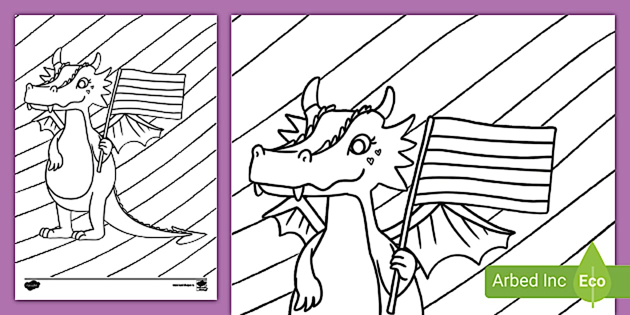 Lliwio Draig gyda Baner Enfys/Rainbow Flag Colouring Page