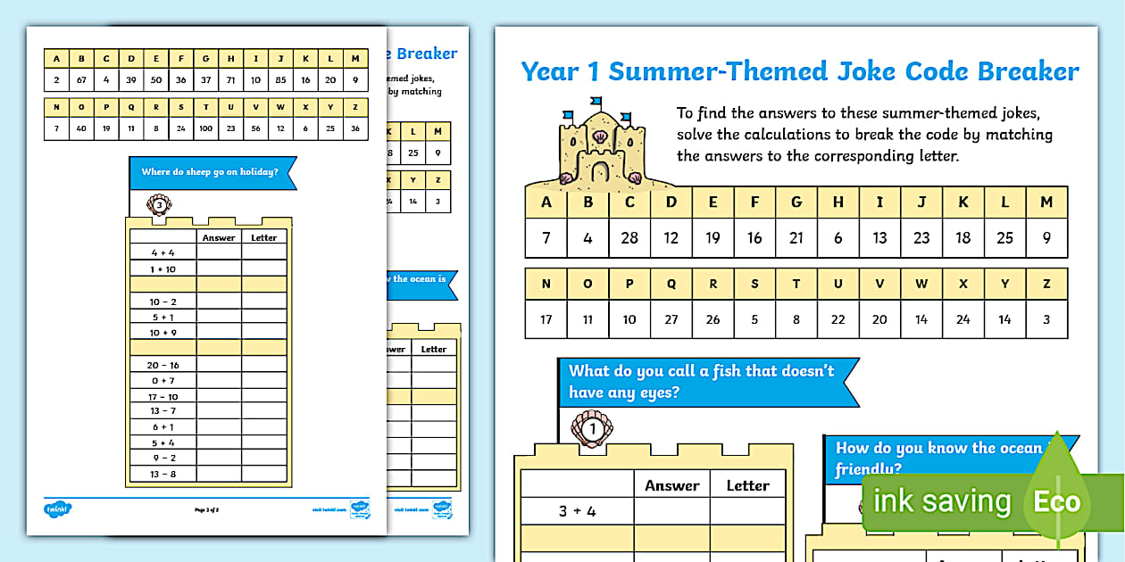 👉 Year 1 Summer-Themed Joke Code Breaker Activity Sheet