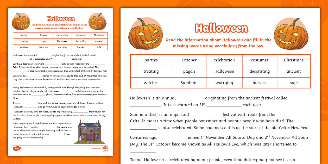 KS2 Halloween Cloze Worksheet - KS2 (Teacher-Made) - Twinkl