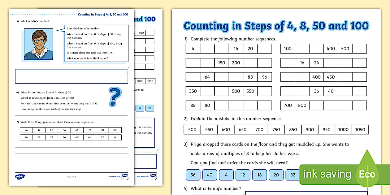 Y3 Counting in Steps of 4, 8, 50 and 100 Activity Sheet