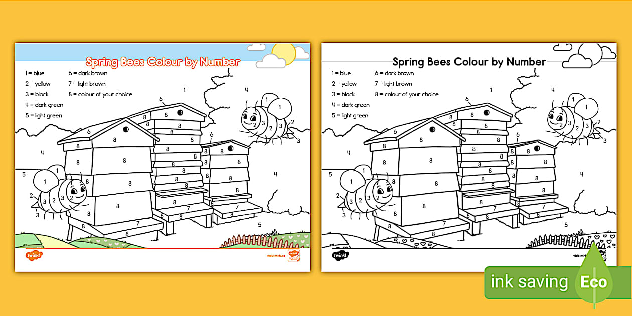 Spring Bees Primary Colour by Number Activity - Twinkl