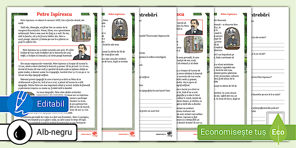 Viața lui Petre Ispirescu – Fișe de lectură diferențiate