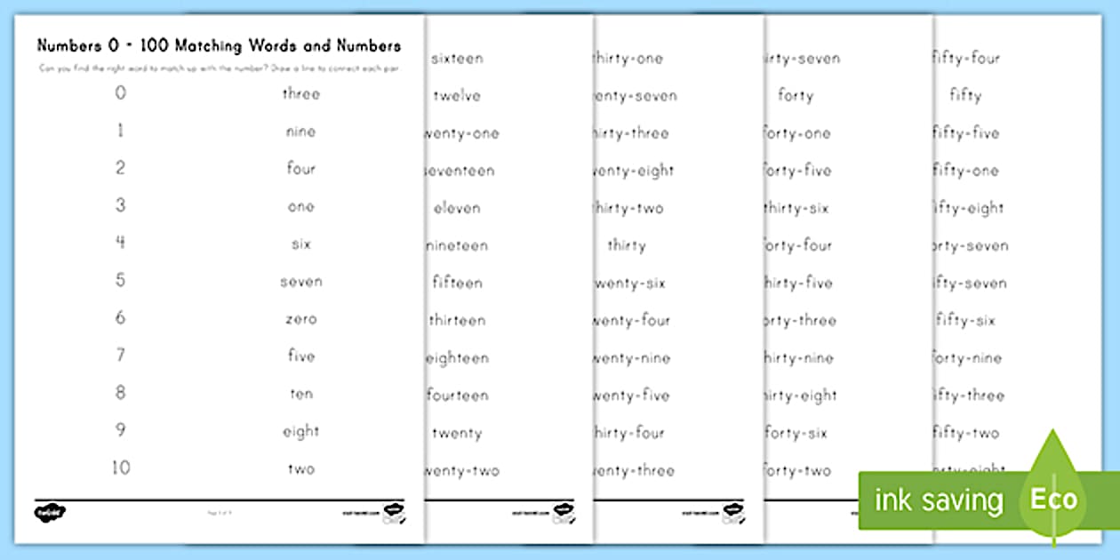 First Grade Numbers 0–100 Matching Words and Numbers Worksheet