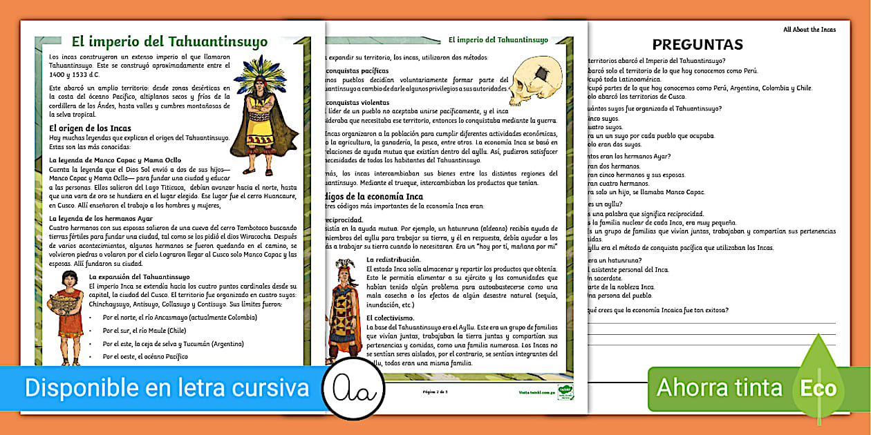 El Imperio Incaico/Tahuantinsuyo: Lectura y preguntas- Guía de trabajo