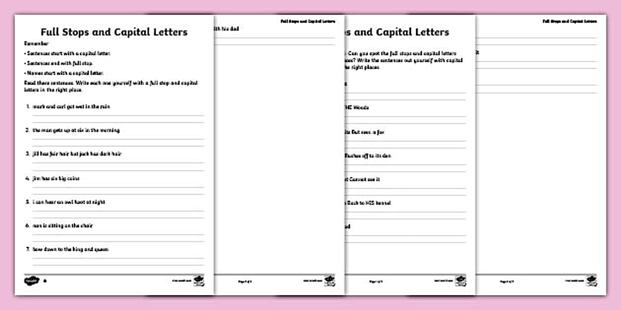 QLD Capital Letters and Full Stops with Phase 3 Words Worksheet