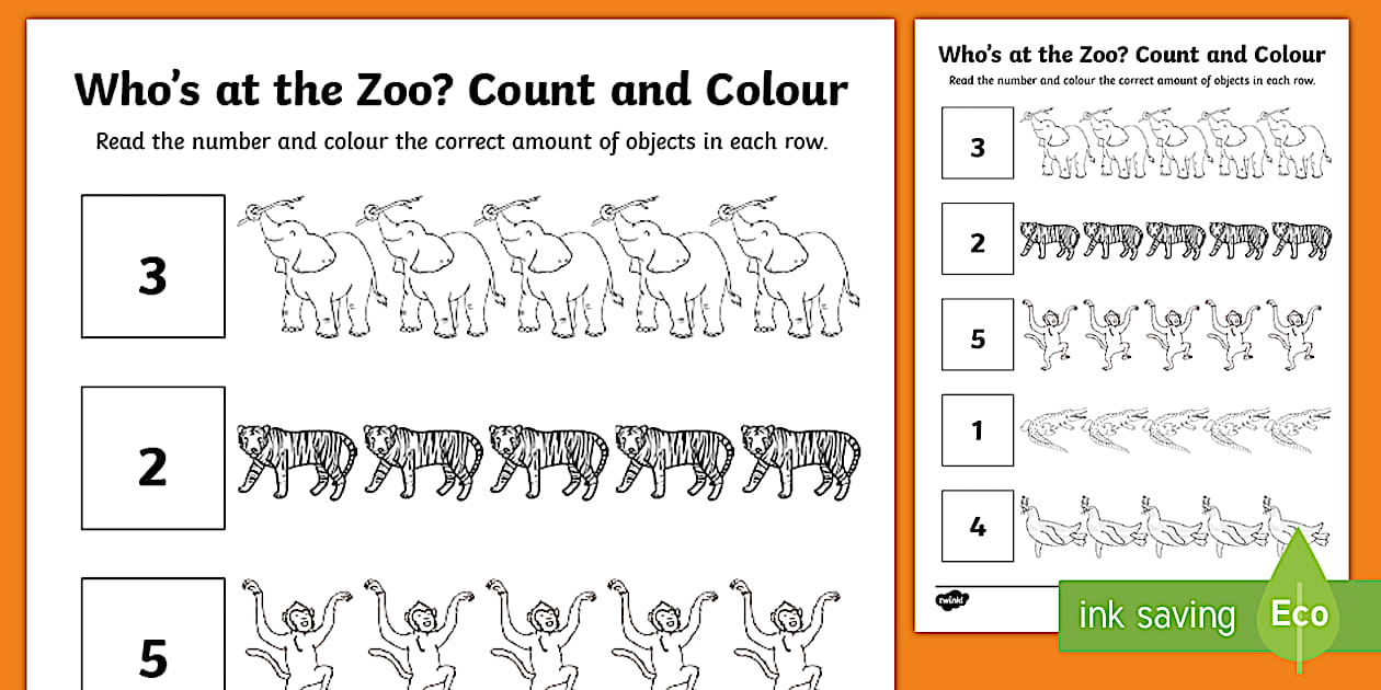 Who's at the Zoo? Count and Colour Worksheet - Twinkl