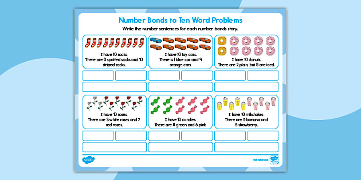 Number Bonds to 10 Word Problems Worksheet