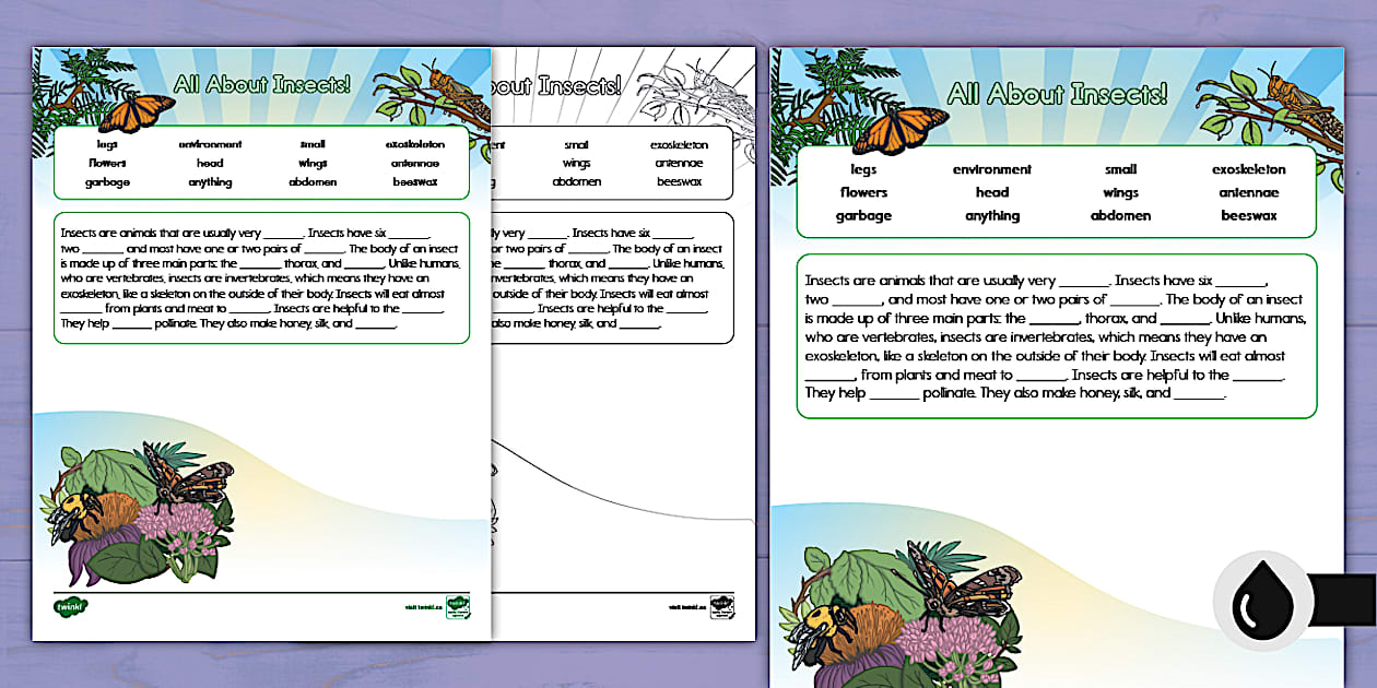 All About Insects Cloze Activity (Teacher-Made) - Twinkl