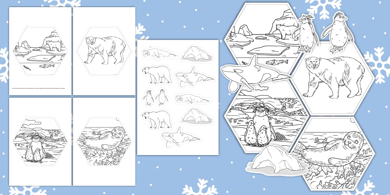 Recortables: Hexágonos para colorear - Animales del ártico