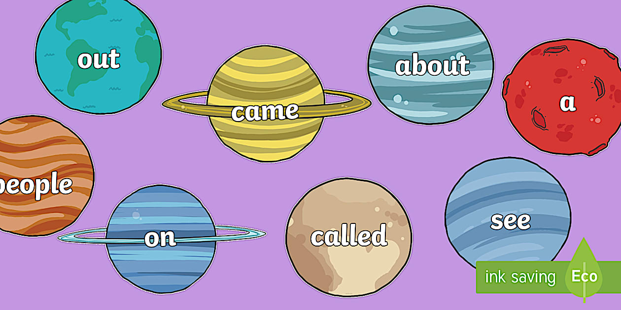 Dyslexic 100 High Frequency Words on Planets - Twinkl