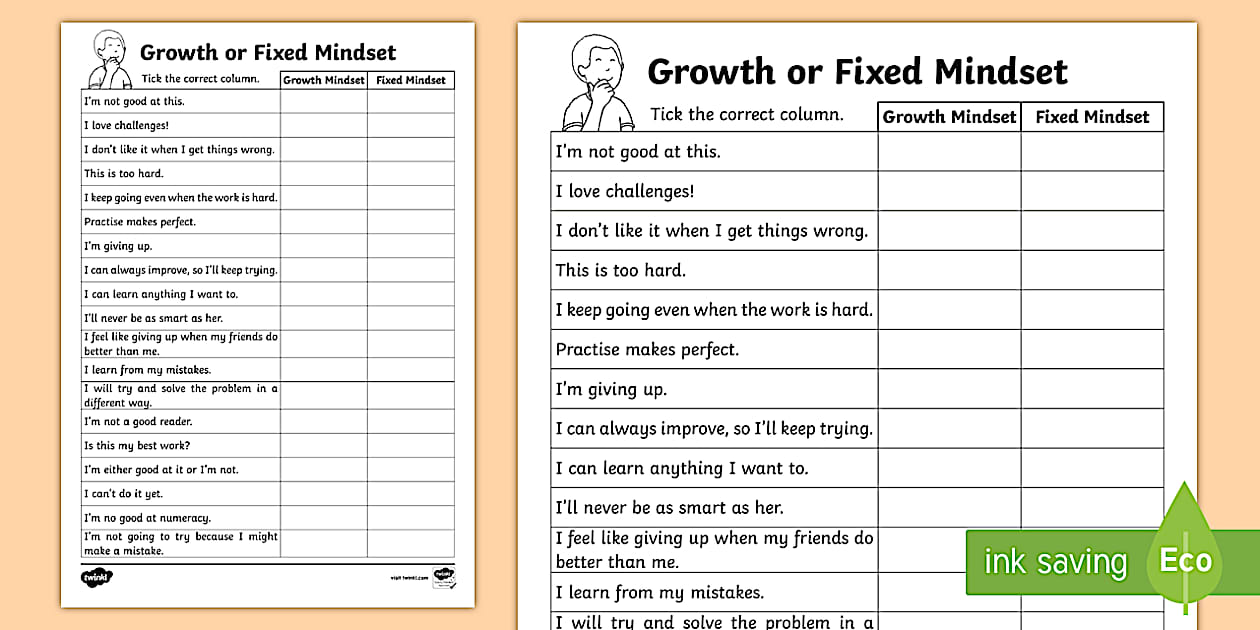 KS1 Growth Or Fixed Mindset Sorting Worksheet / Worksheet
