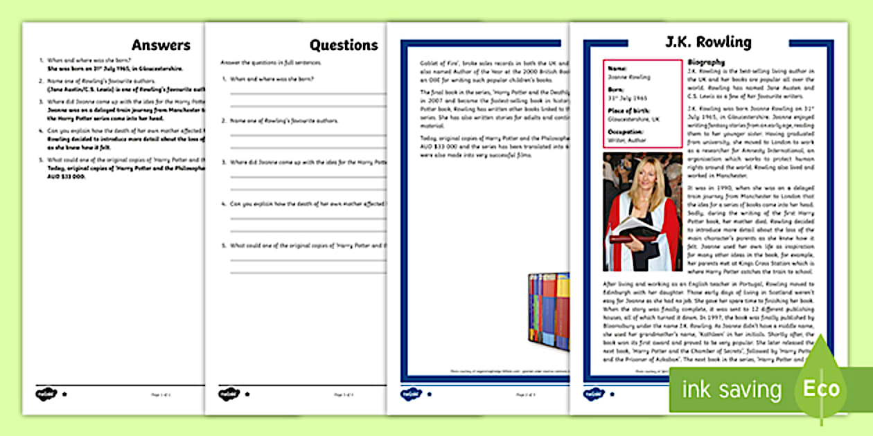 JK Rowling Differentiated Reading Comprehension Activity