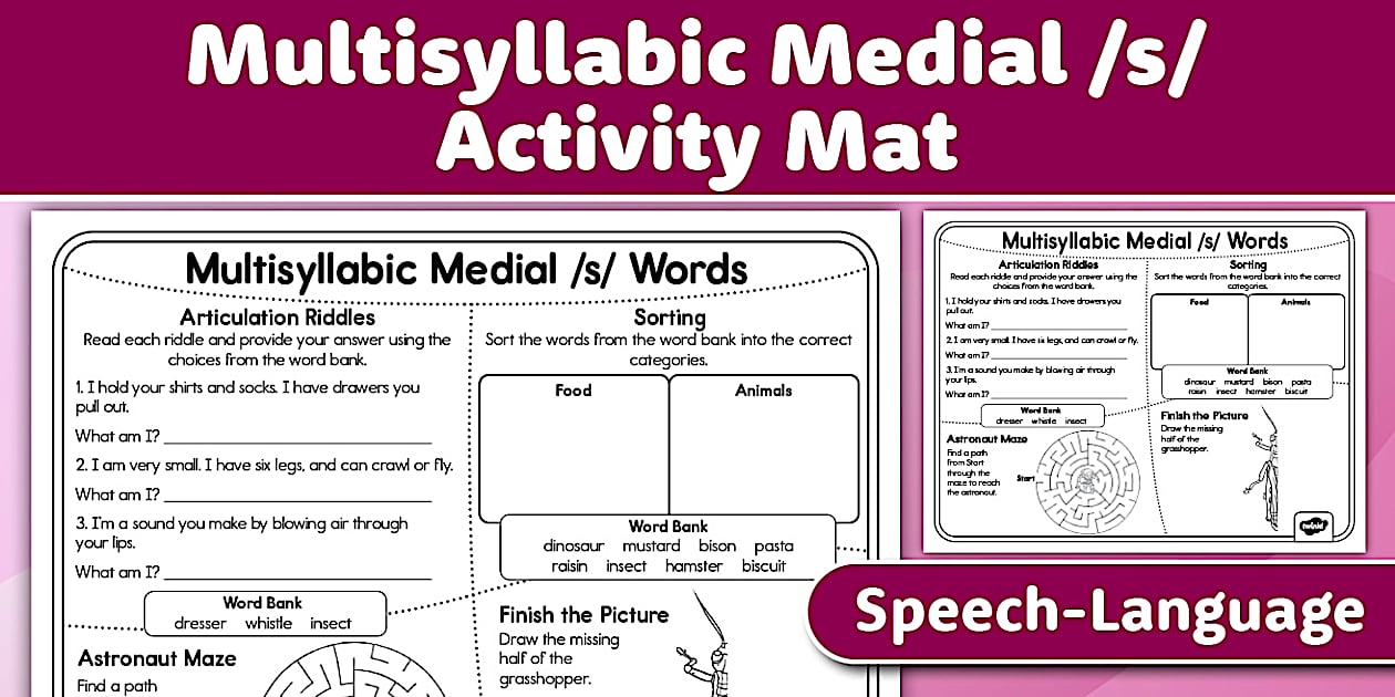 Articulation Multisyllabic Medial /s/ Activity Mat for SLP