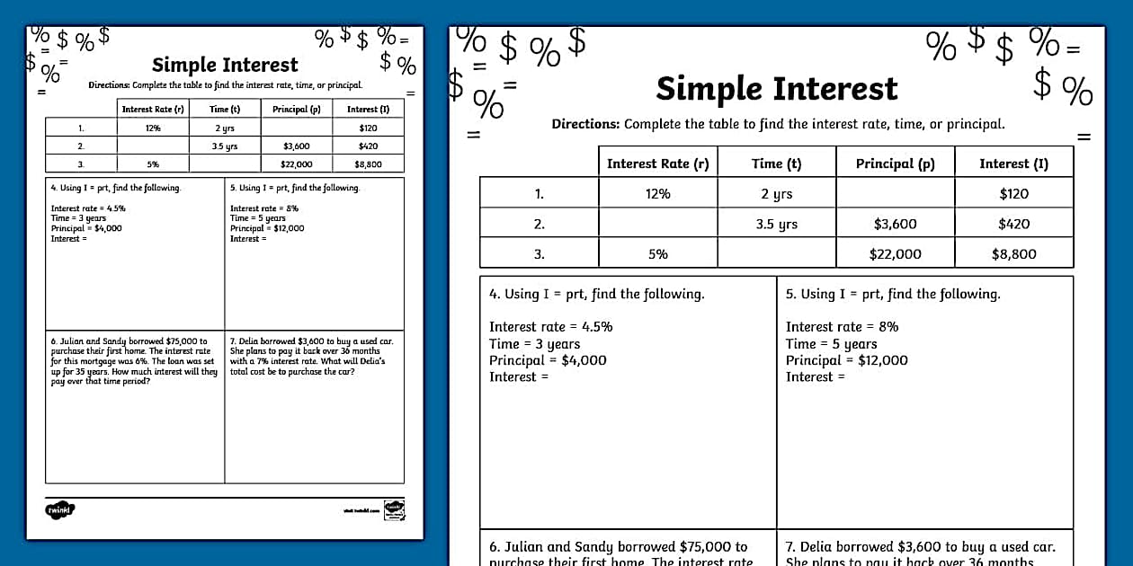 Calculating Interest Worksheet Activity | Twinkl USA