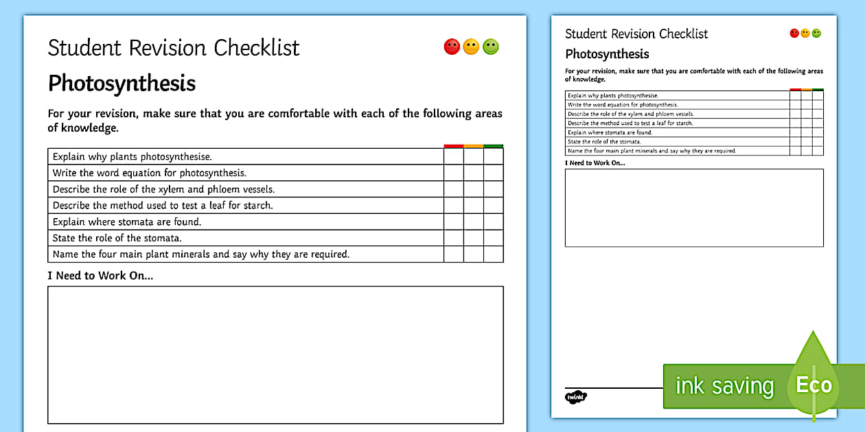 Photosynthesis Student Revision Checklist - Twinkl