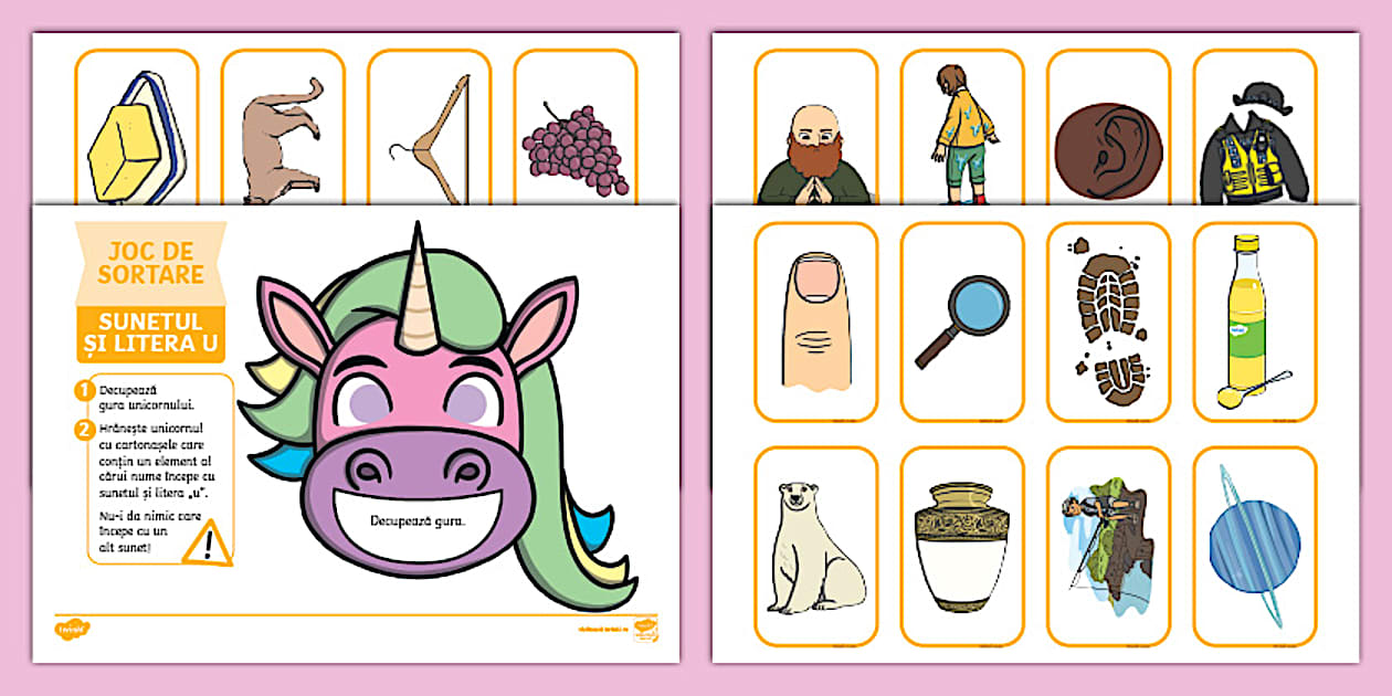Sunetul și litera U: Hrănește unicornul – Joc sunet inițial