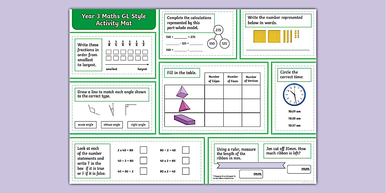 Year 3 Math GL Style Activity Mat (teacher made) - Twinkl