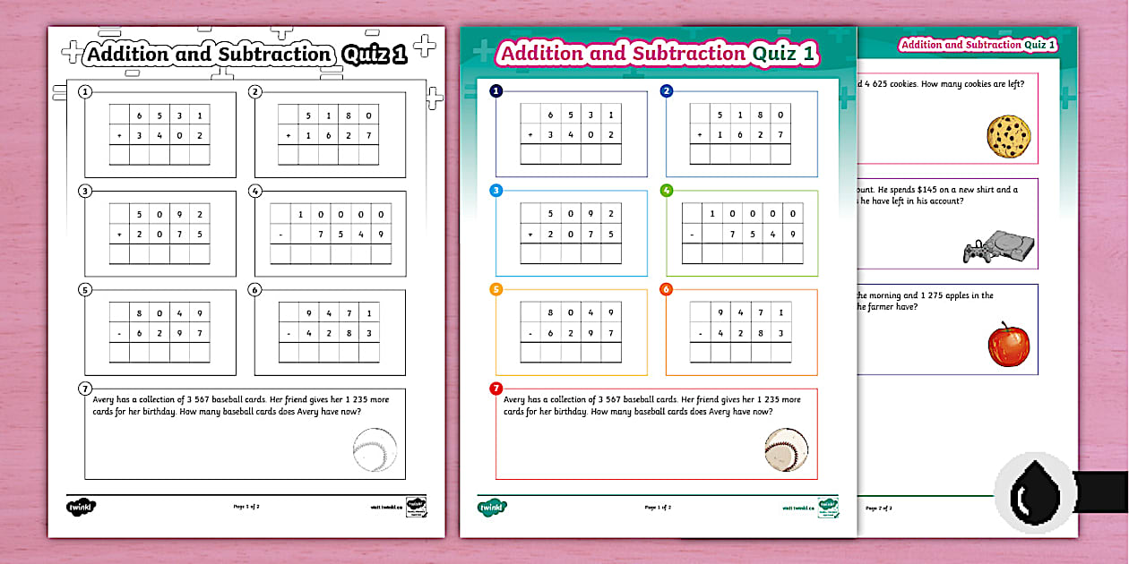 Grade 4 Addition and Subtraction Mini Assessment 1 - Twinkl