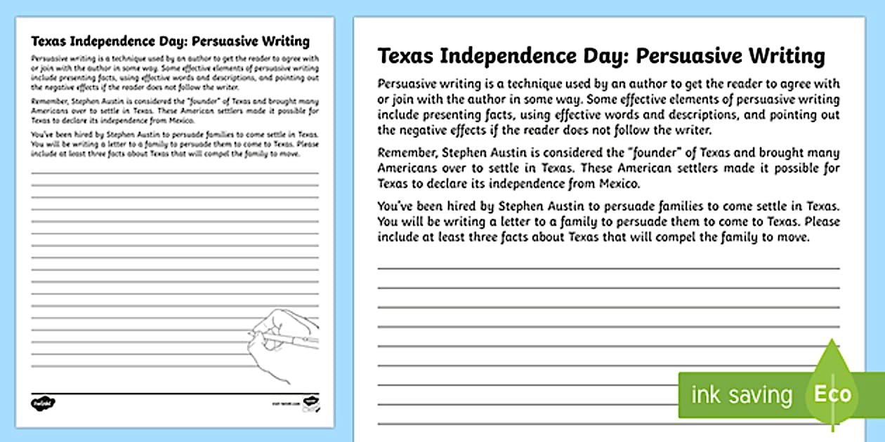 Texas Independence Persuasive Writing Prompt (Teacher-Made)