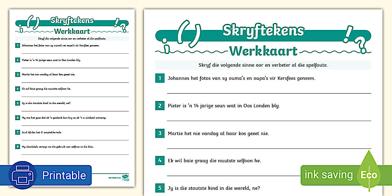 Afrikaans Leestekens Worksheets - Grade 8 - Senior Phase